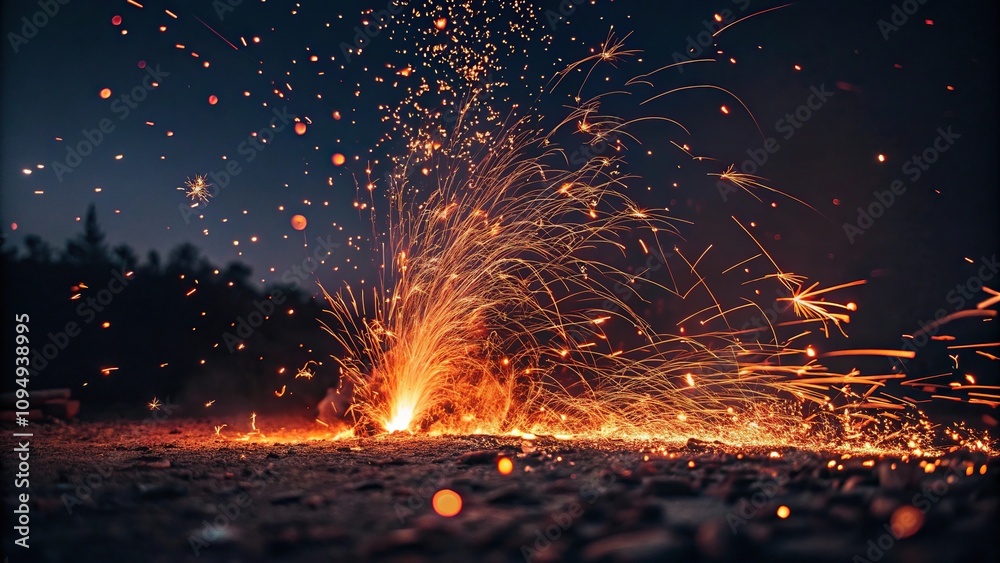 Fiery sparks and glowing embers suspended in a halo of glowing ...