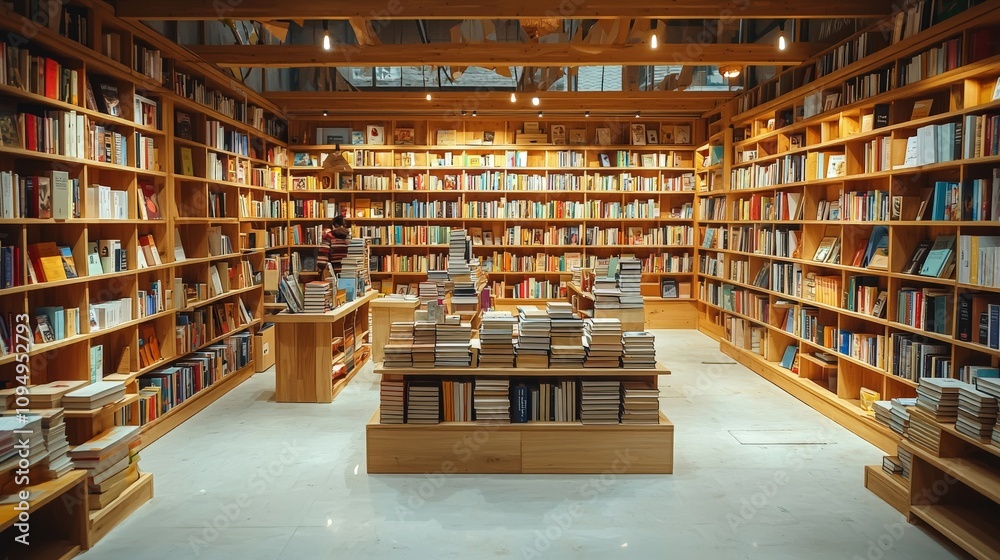 A cozy, well-organized bookstore filled with shelves of books ...