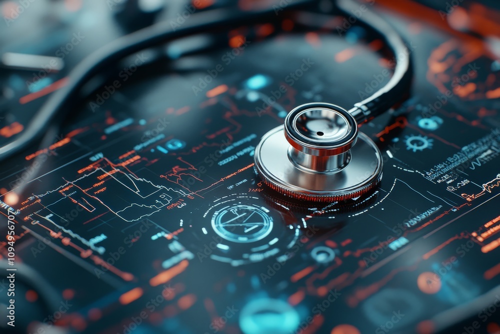 A stethoscope rests on a high-tech digital interface, highlighting the ...