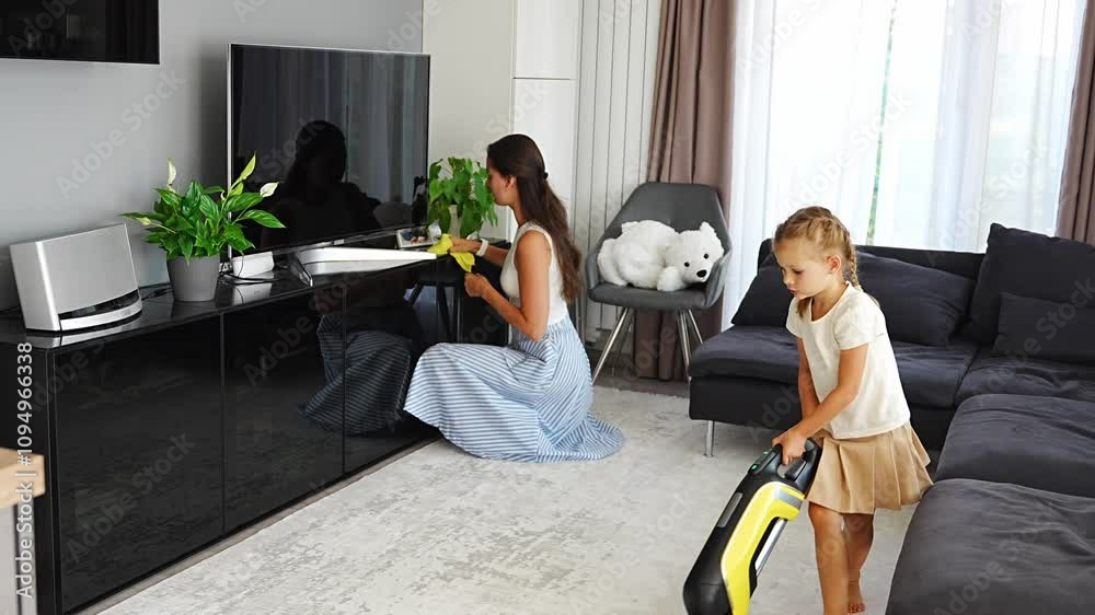 Little girl cleaning house with vacuum cleaner. Mom teaching girl for ...