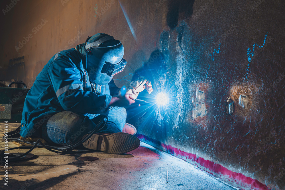 Welders at work in metal argon industry, welding metal plate tank ...