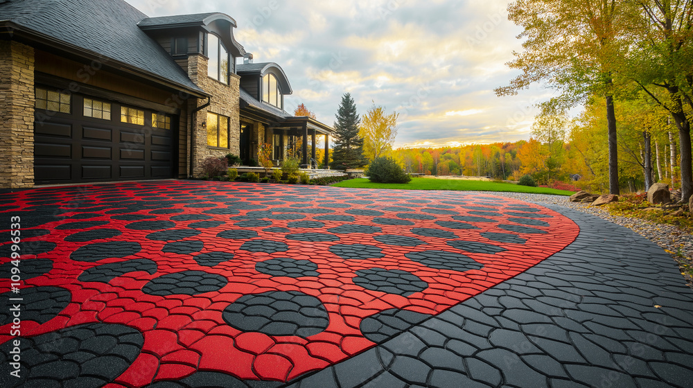 Red and Black Hexagonal Paver Tiles with Fan-Shaped Patterns for ...