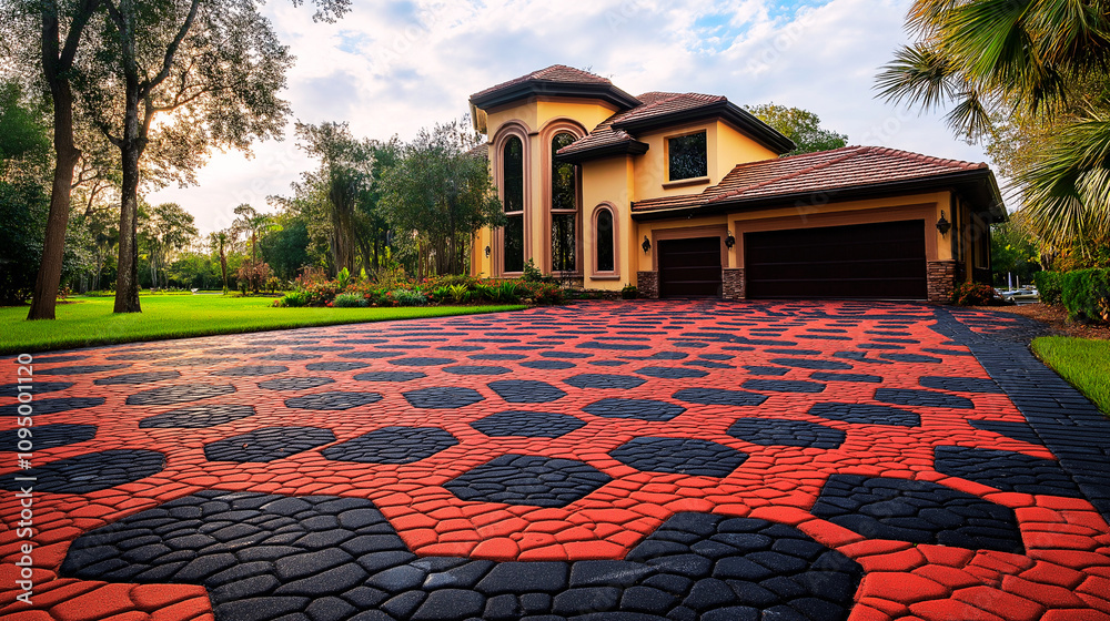 Red and Black Hexagonal Paver Tiles with Fan-Shaped Patterns for ...