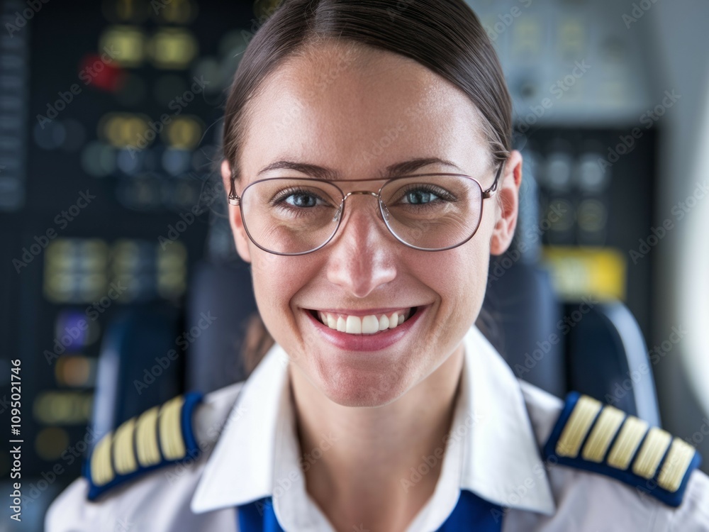 Female pilot cockpit portrait. Smiling female aviator, confident and ...