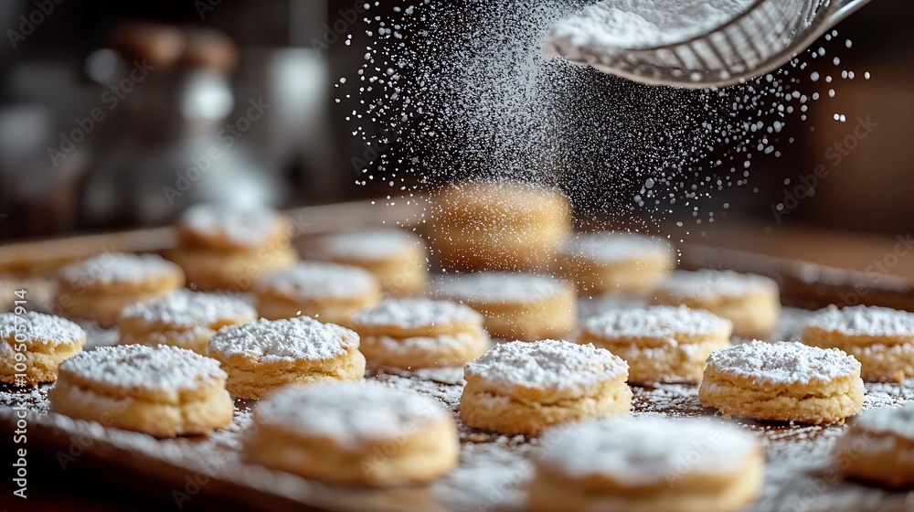 Poster A sieve scattering powdered sugar over a tray of shortbread ...