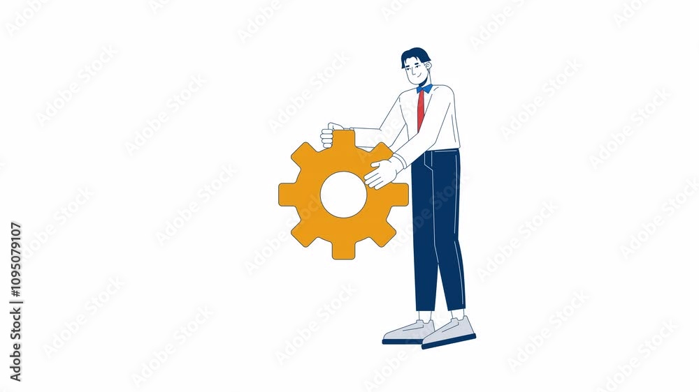 Positive asian man rotating toothed wheel 2D character animation ...