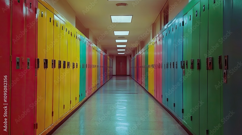 Colorful Hallway with Rows of Brightly Painted Lockers in a School ...