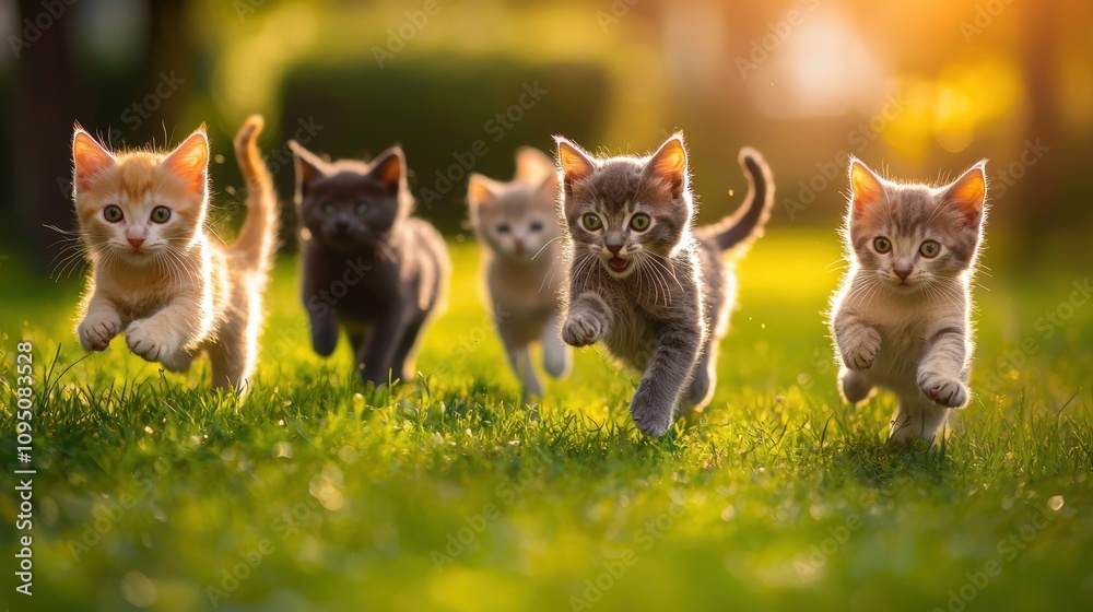 Five Playful Kittens Running Together in a Sunlit Garden, Capturing a ...