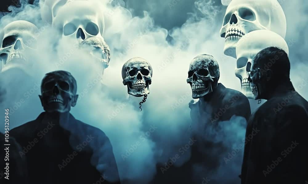 Spectral Figures and Dangling Skulls Amidst Eerie Smoke Stock Video ...