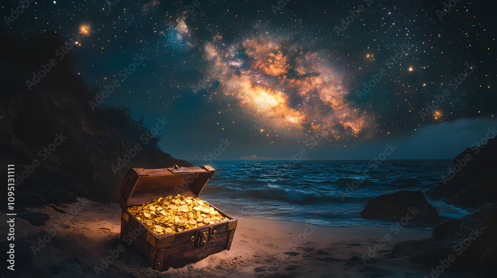 Ancient chest overflowing with gold, set on a beach under a starlit sky ...