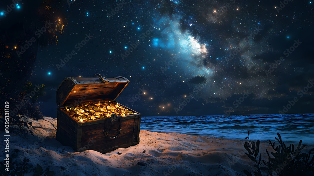 Ancient chest overflowing with gold, set on a beach under a starlit sky ...