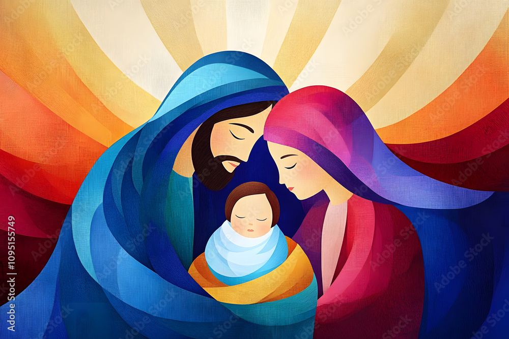 Stylized nativity scene illustration featuring Mary, Joseph, and baby ...