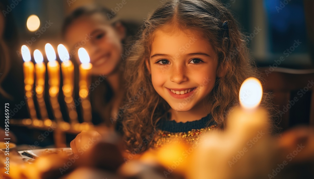 Daughter Lighting Menorah At Family Hanukkah Dinner: A Close-Up Moment ...