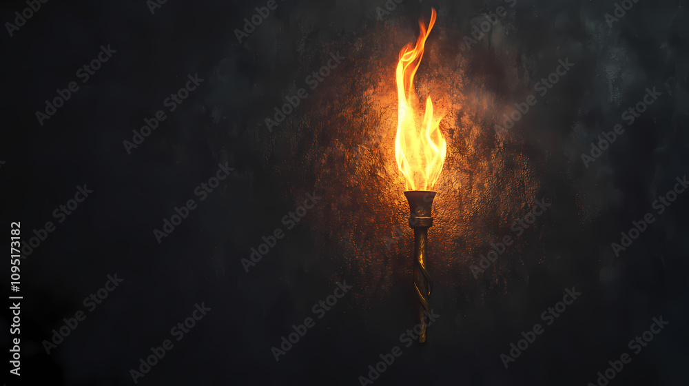 Torch illuminating a dark cave wall, flickering flames, 3d illustration ...
