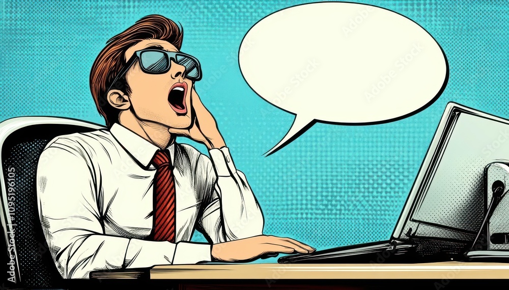 Coworker yawning at desk with blank speech bubble, perfect for sleepy ...