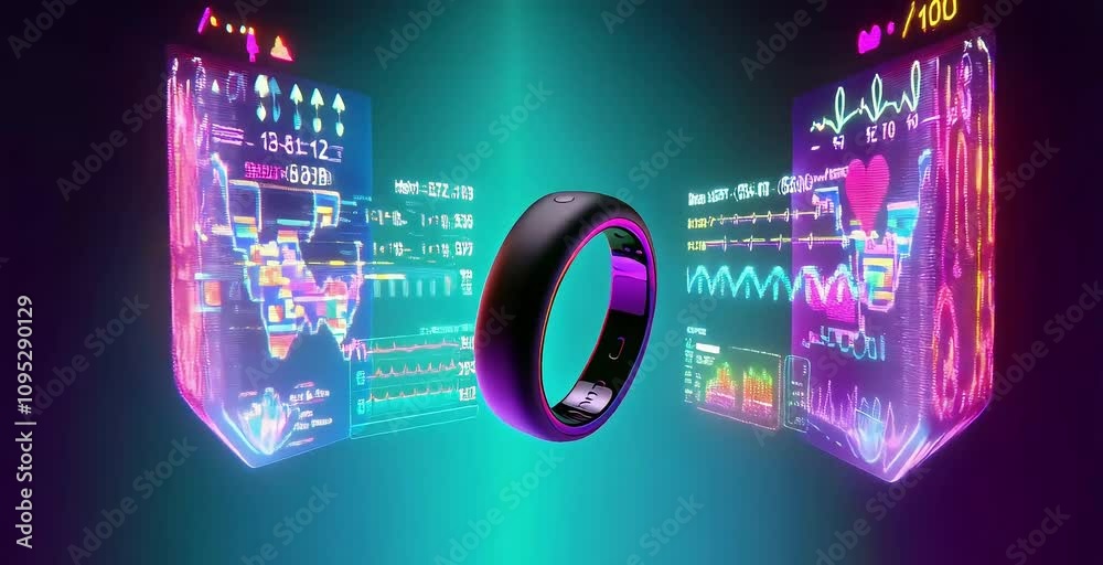 A sleek smart ring is shown, projecting holographic health data heart ...
