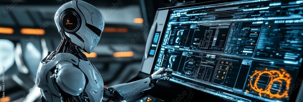 Humanoid Robot Interacting with High-Tech Control Panel - Futuristic ...