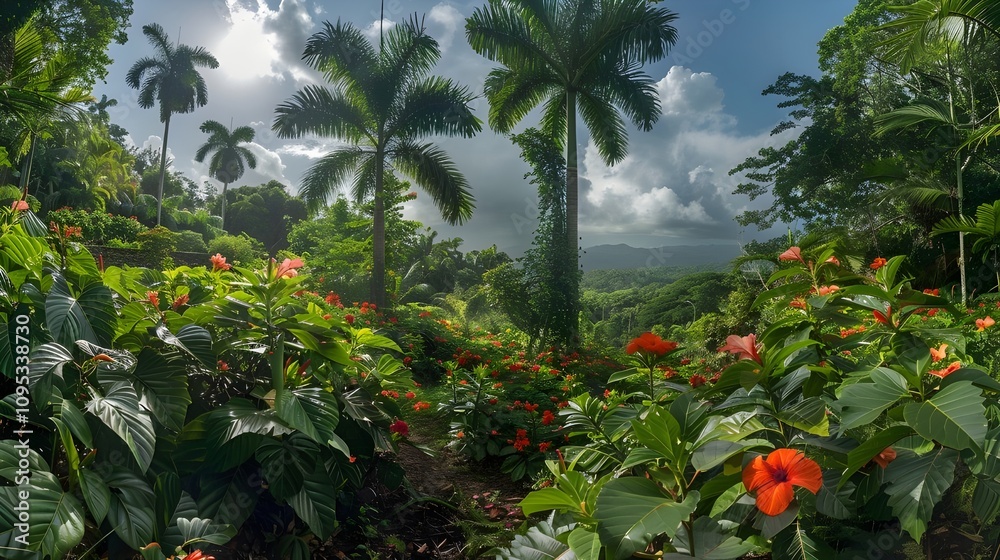 A panoramic view capturing the beauty of Puerto Rican hibiscus, amapola ...