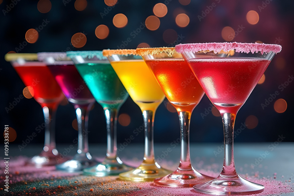 A line of rainbow-colored martini cocktails with sugared rims against a ...