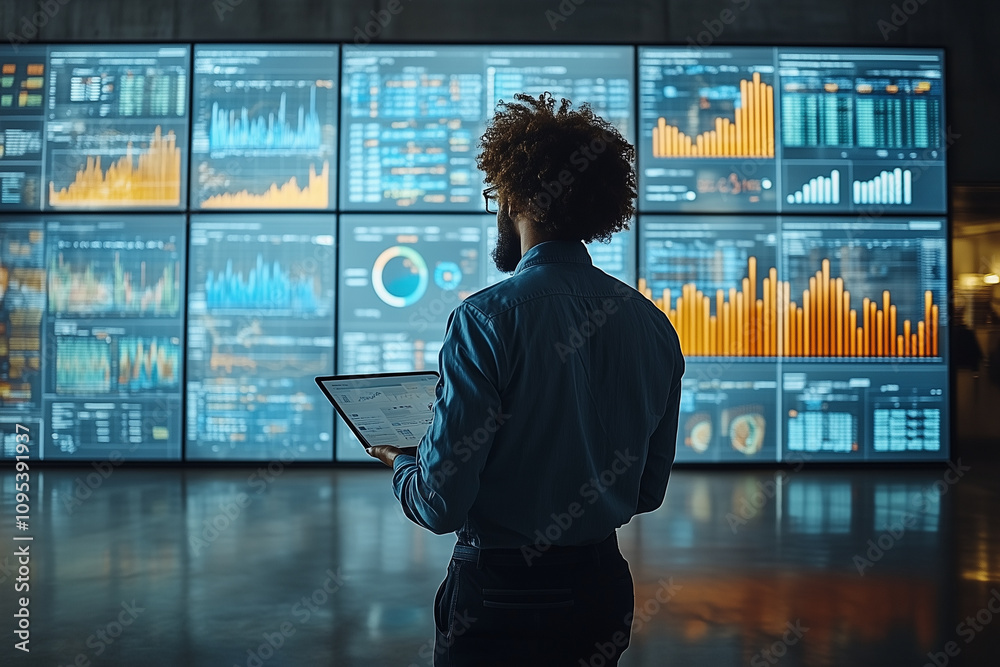 A professional analyzing data on a large interactive whiteboard ...