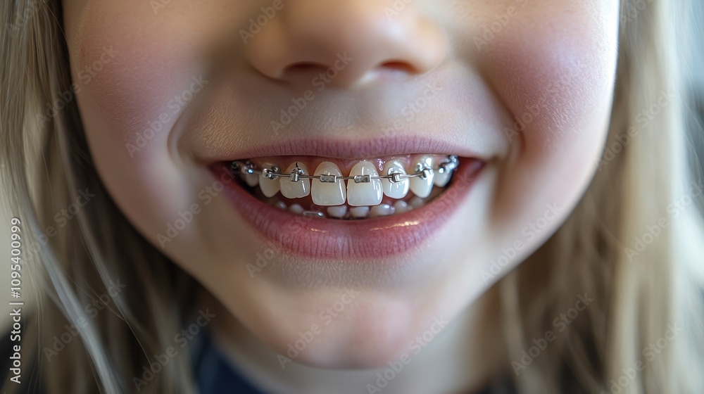 A close-up of a young girl's mouth, showing her orthodontic plate. A ...