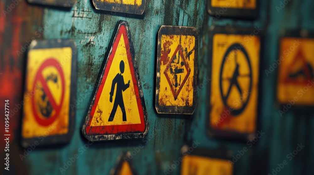 Various danger signs, warning signs, and attention signs are ...