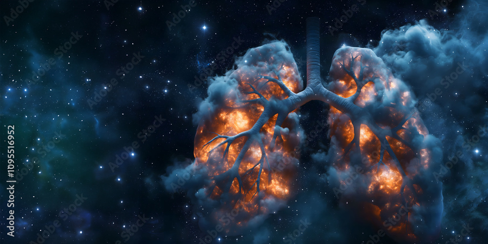 A surreal image of lungs made of clouds and fire floating in the cosmos ...
