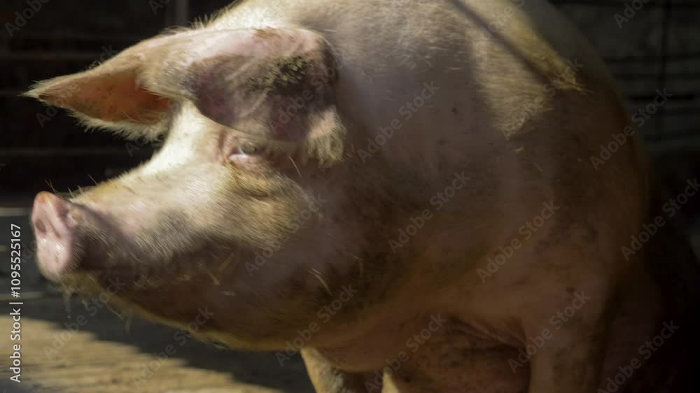 In barn's cozy corner pig sits on its side. It shakes its head, chews ...