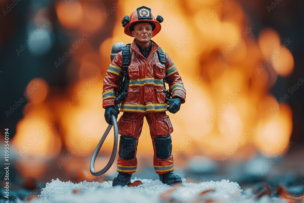 A detailed firefighter action figure stands confidently on a snowy ...