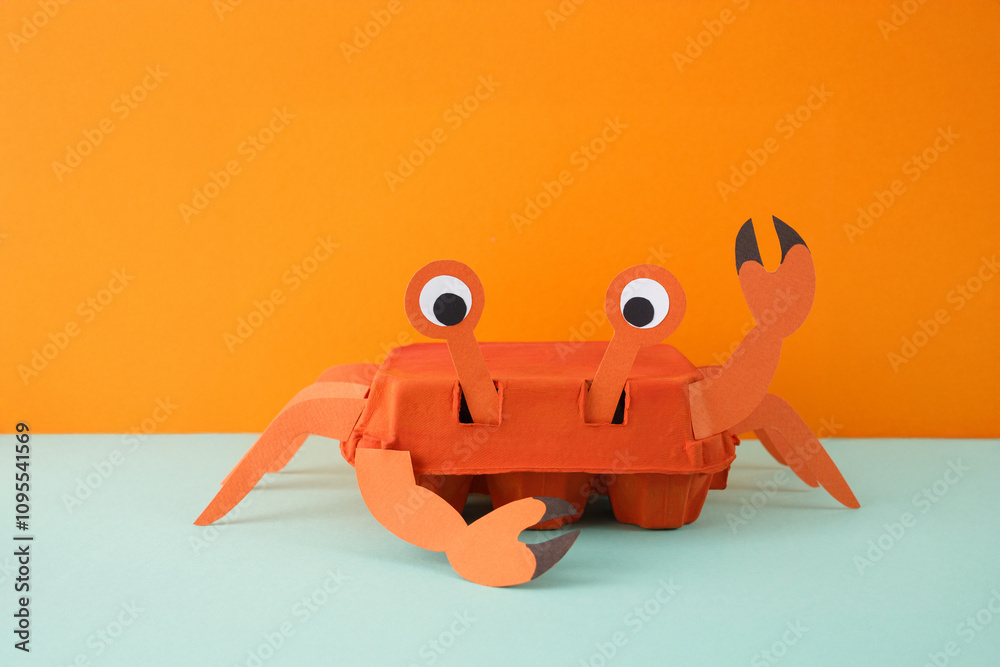 DIY crab craft made from orange egg carton with paper claws, legs, and ...