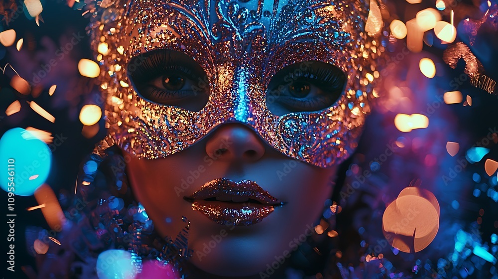 Vibrant masquerade masks and shimmering dresses glint under the glow of neon lights and ...