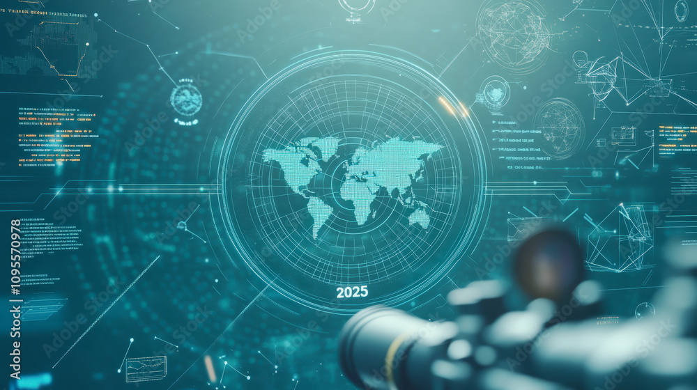 Digital interface with futuristic maps and data visualizations ...