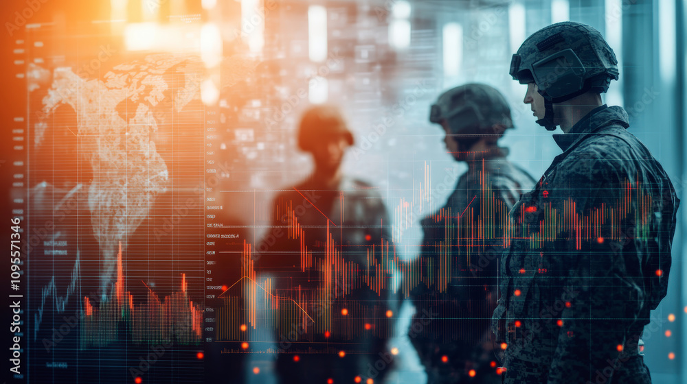 Soldiers in tactical gear stand in a command center, with digital ...