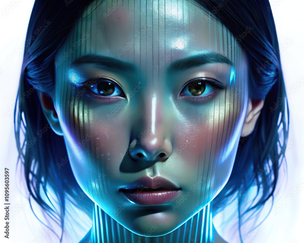 Abstract woman portrait with glass texture. Glitched and corrupted ...