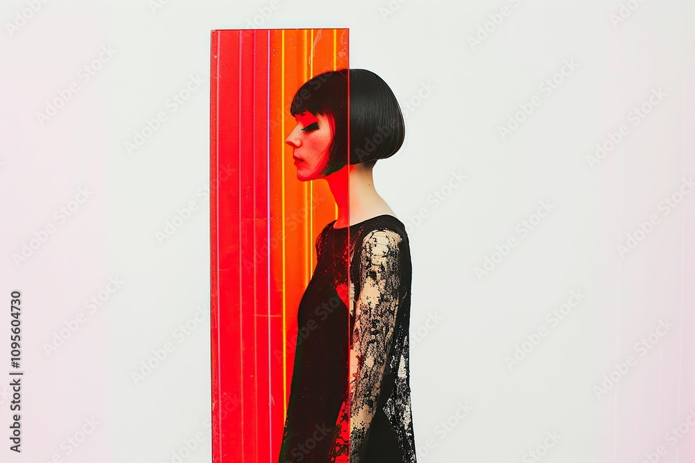 Glitched and corrupted female face. Reeded Glass. Ribbed Background ...