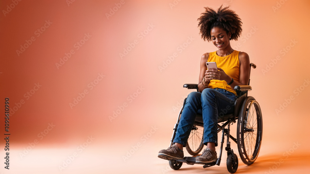 Joyful smiling disabled young adult African American woman with curly ...