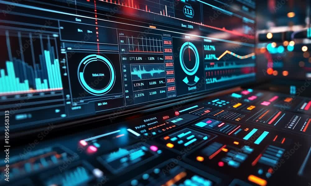 Futuristic data center control panel with glowing digital displays ...