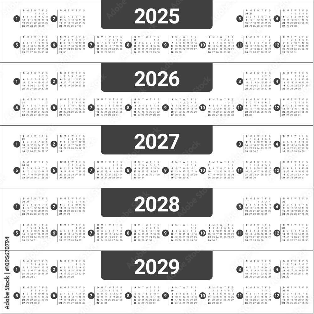 Vetor de 2025 2026 2027 2028 2029 2030 year calendar vector design template do Stock | Adobe Stock