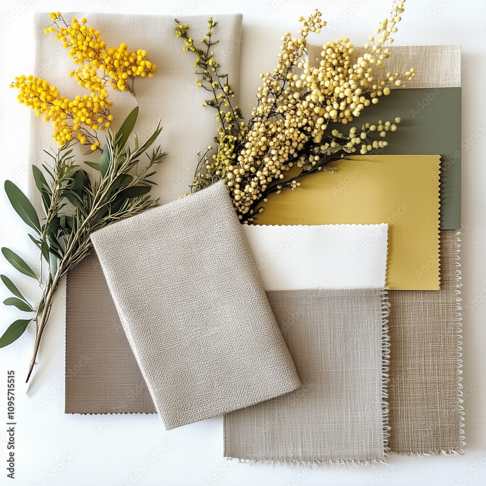 Interior design mood board with color swatches, materials like linen ...
