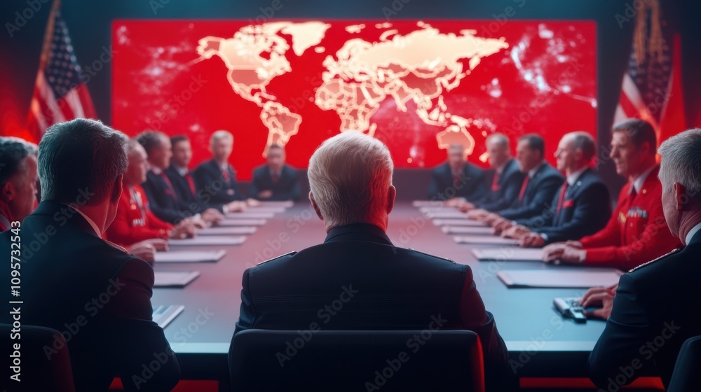 Military leaders convene in a high-tech war room, strategizing global ...