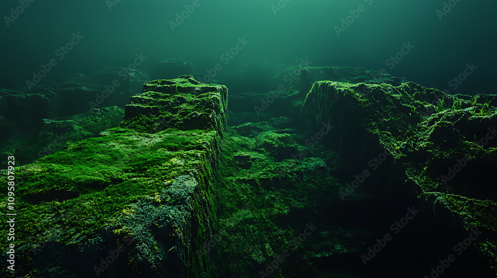 Gross accumulation of algae covering ancient stone underwater, eerie ...