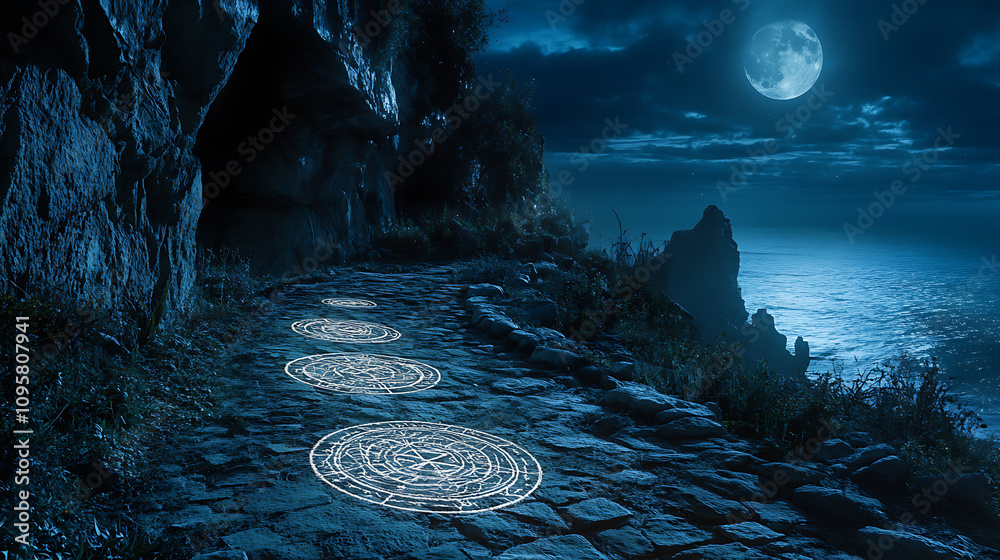 Photo & Art Print Guidance symbols etched into cliffside path ...