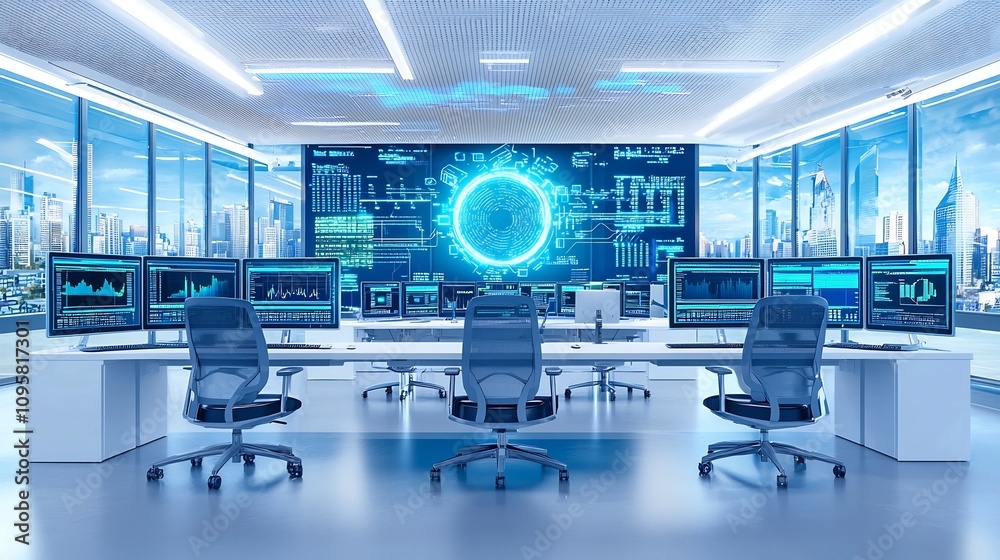 Futuristic high tech control room with multiple monitors and screens displaying real time ...