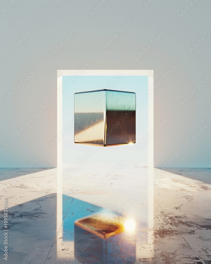 Floating metallic cube in a foggy white void minimalist art ...
