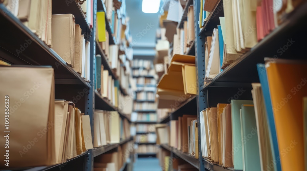 Rows of shelves filled with organized files and documents in dimly lit ...