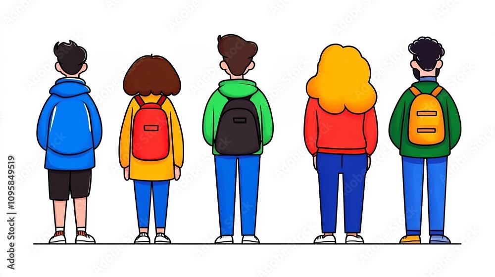 Photo & Art Print Students Back View Backpacks Diverse Group Cartoon ...