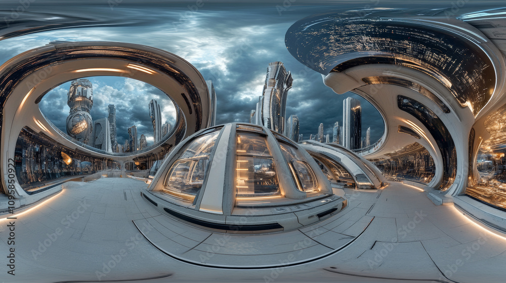 360 degree panorama view.A 3D image shows a futuristic building. It's a ...