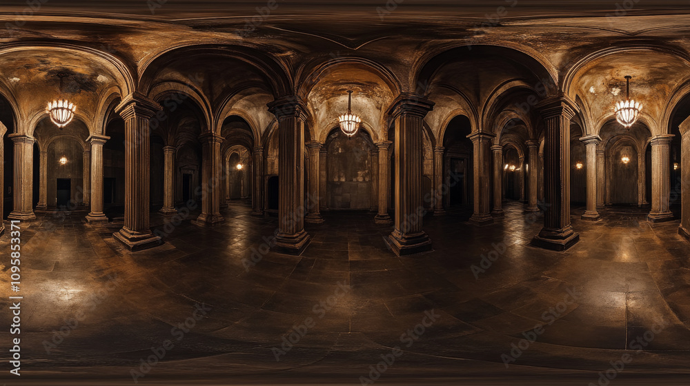 360 degree panorama view.A dark room with pillars and lights, shown in ...