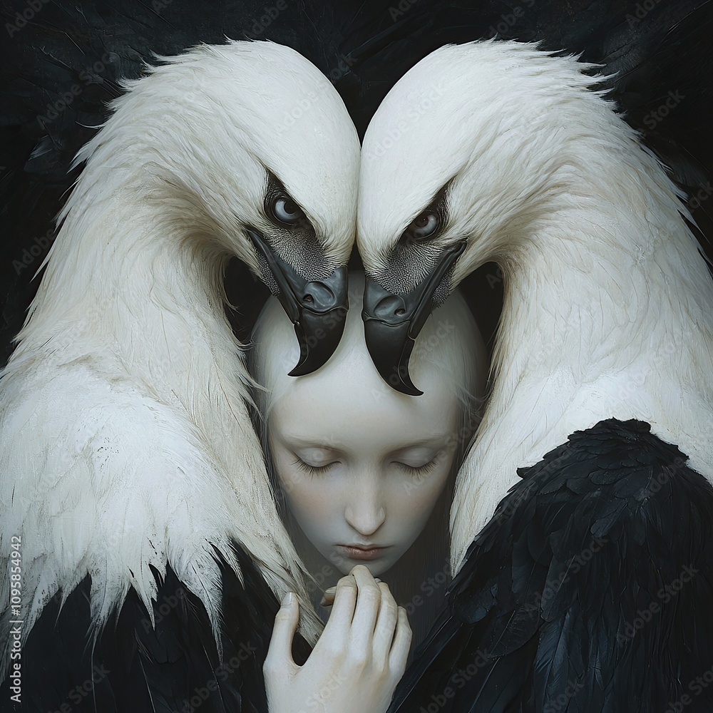 A young woman with a serene expression is framed by the heads of two ...