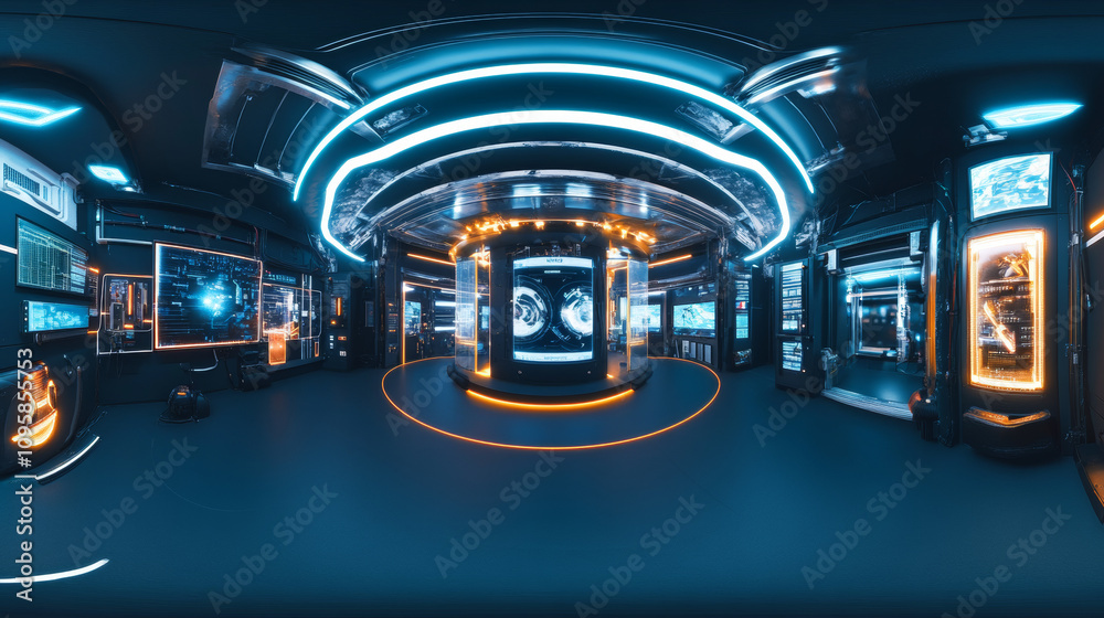 360 degree panorama view.A futuristic architecture studio is shown in a ...